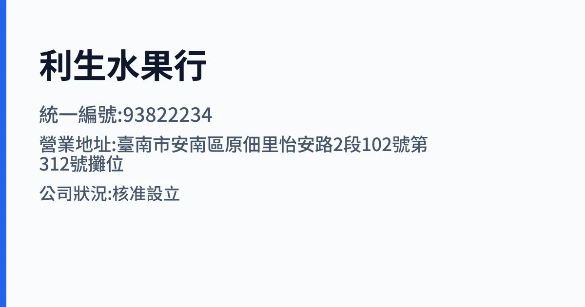利生水果行 - 統編 93822234(臺南市) 公司登記資料與營業項目詳細圖表