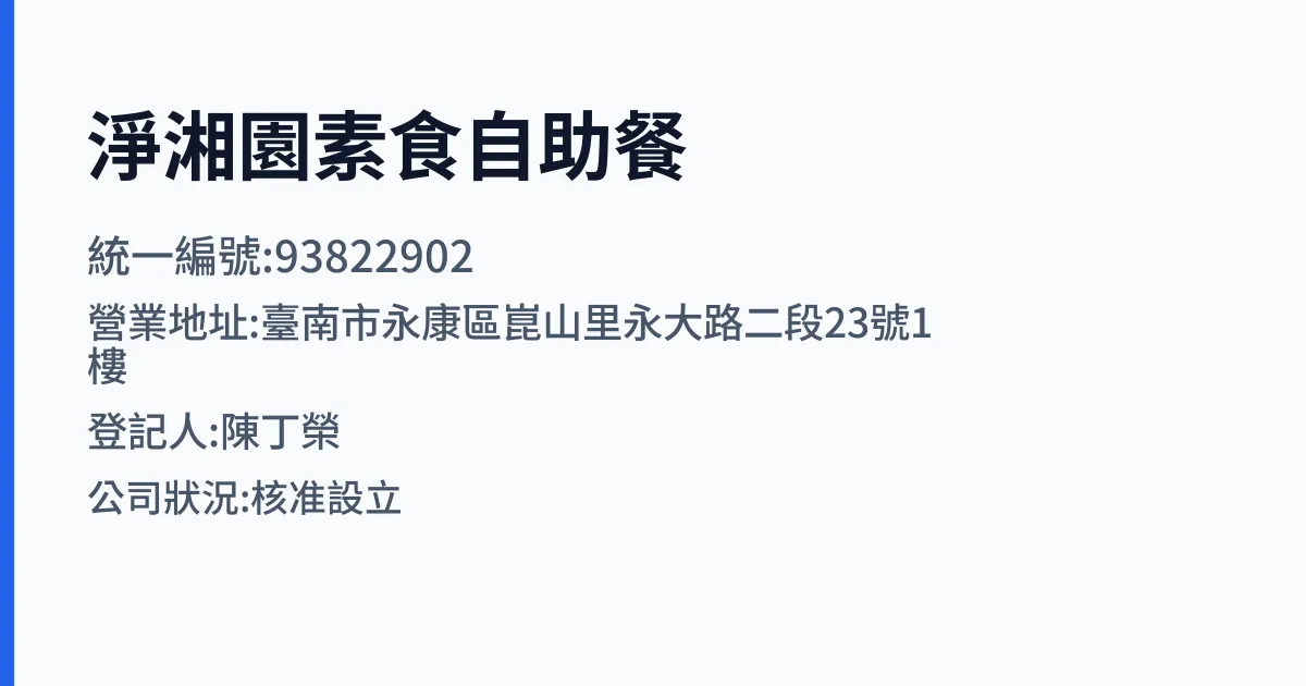 淨湘園素食自助餐 - 統編 93822902(臺南市) 公司登記資料與營業項目詳細圖表