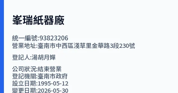 峯瑞紙器廠的照片-統編 93823206(臺南市) 公司登記資料與營業項目詳細圖表
