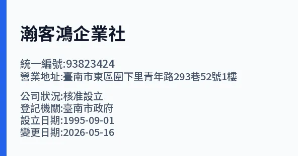 瀚客鴻企業社的照片-統編 93823424(臺南市) 公司登記資料與營業項目詳細圖表