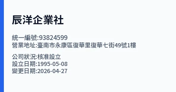 辰洋企業社的照片-統編 93824599(臺南市) 公司登記資料與營業項目詳細圖表