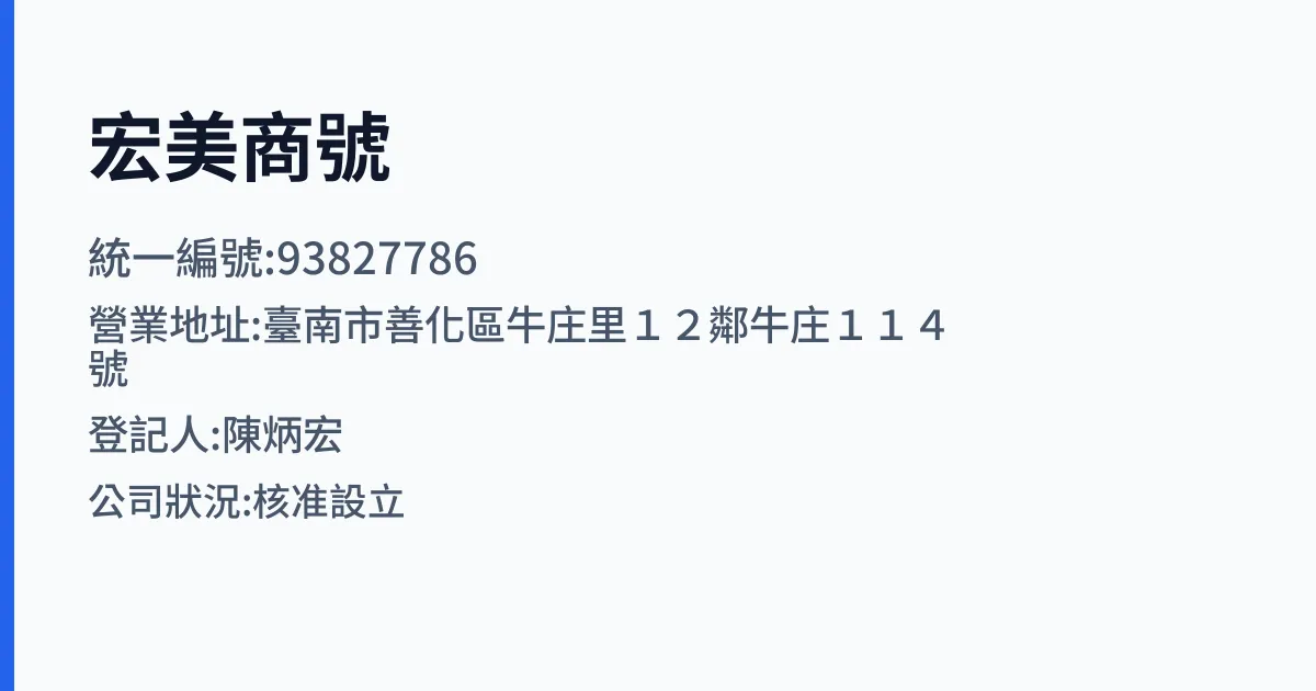 宏美商號 - 統編 93827786(臺南市) 公司登記資料與營業項目詳細圖表