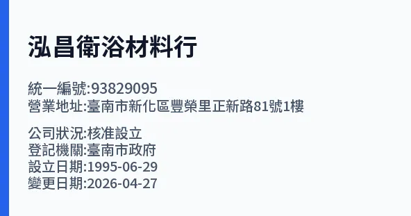 泓昌衛浴材料行的照片-統編 93829095(臺南市) 公司登記資料與營業項目詳細圖表