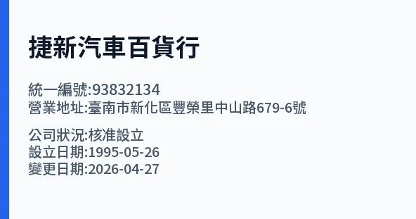 捷新汽車百貨行的照片-統編 93832134(臺南市) 公司登記資料與營業項目詳細圖表