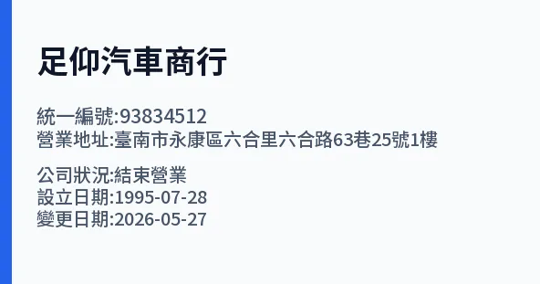 足仰汽車商行的照片-統編 93834512(臺南市) 公司登記資料與營業項目詳細圖表