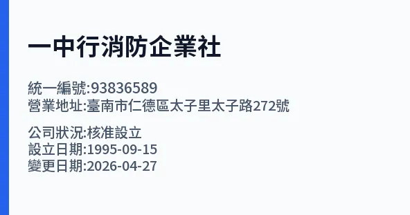一中行消防企業社的照片-統編 93836589(臺南市) 公司登記資料與營業項目詳細圖表