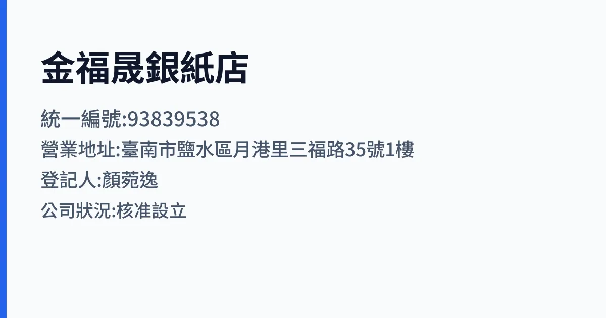 金福晟銀紙店 - 統編 93839538(臺南市) 公司登記資料與營業項目詳細圖表