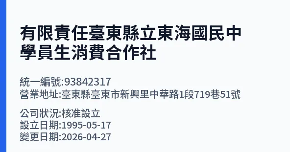 有限責任臺東縣立東海國民中學員生消費合作社的照片-統編 93842317(臺東縣) 公司登記資料與營業項目詳細圖表
