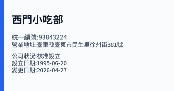 西門小吃部的照片-統編 93843224(臺東縣) 公司登記資料與營業項目詳細圖表