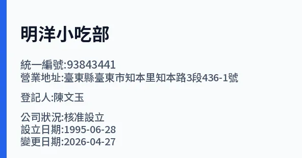 明洋小吃部的照片-統編 93843441(臺東縣) 公司登記資料與營業項目詳細圖表