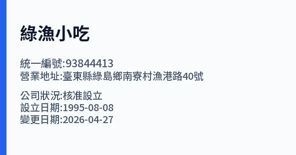 綠漁小吃的照片-統編 93844413(臺東縣) 公司登記資料與營業項目詳細圖表