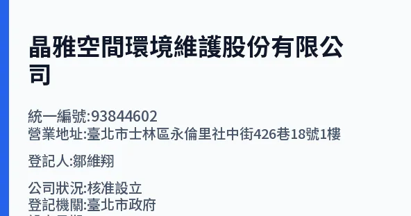 晶雅空間環境維護股份有限公司的照片-統編 93844602(臺北市) 公司登記資料與營業項目詳細圖表