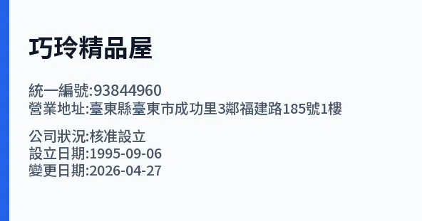 巧玲精品屋的照片-統編 93844960(臺東縣) 公司登記資料與營業項目詳細圖表