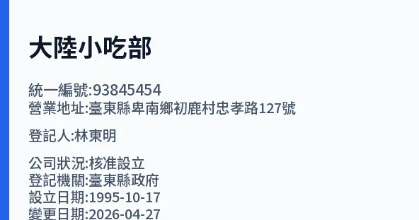 大陸小吃部的照片-統編 93845454(臺東縣) 公司登記資料與營業項目詳細圖表
