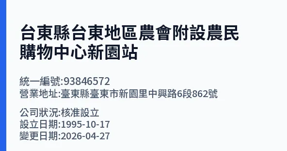 台東縣台東地區農會附設農民購物中心新園站的照片-統編 93846572(臺東縣) 公司登記資料與營業項目詳細圖表