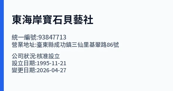 東海岸寶石貝藝社的照片-統編 93847713(臺東縣) 公司登記資料與營業項目詳細圖表