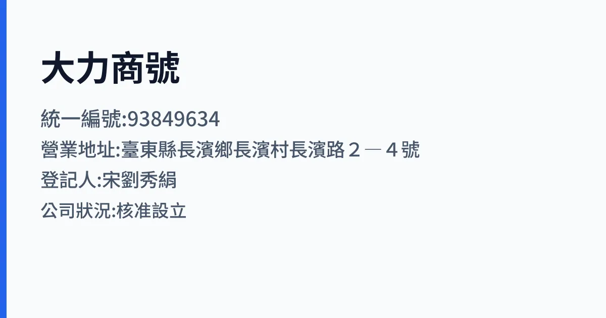大力商號 - 統編 93849634(臺東縣) 公司登記資料與營業項目詳細圖表