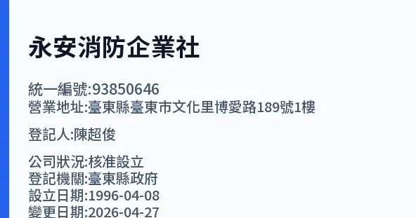 永安消防企業社的照片-統編 93850646(臺東縣) 公司登記資料與營業項目詳細圖表