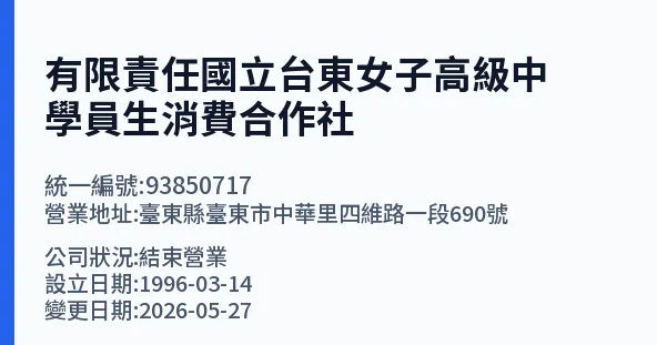 有限責任國立台東女子高級中學員生消費合作社的照片-統編 93850717(臺東縣) 公司登記資料與營業項目詳細圖表