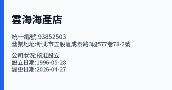 雲海海產店的照片-統編 93852503(新北市) 公司登記資料與營業項目詳細圖表
