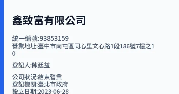 鑫致富有限公司的照片-統編 93853159(臺中市) 公司登記資料與營業項目詳細圖表