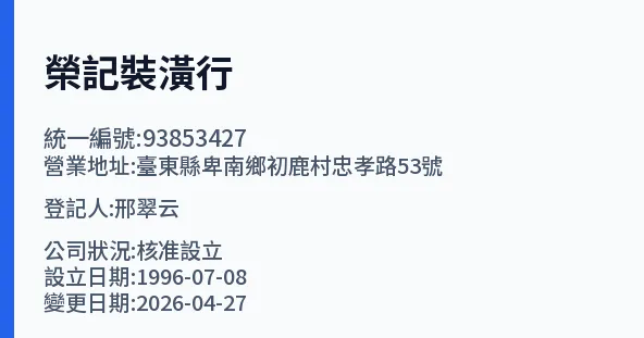 榮記裝潢行的照片-統編 93853427(臺東縣) 公司登記資料與營業項目詳細圖表