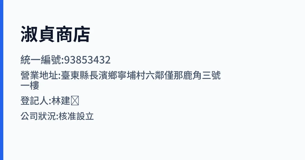 淑貞商店 - 統編 93853432(臺東縣) 公司登記資料與營業項目詳細圖表