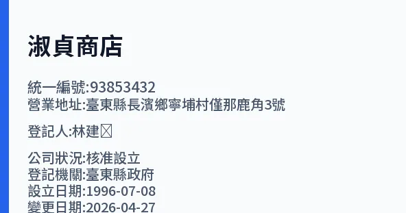 淑貞商店的照片-統編 93853432(臺東縣) 公司登記資料與營業項目詳細圖表