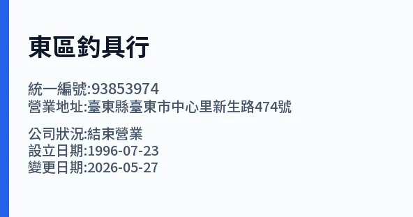 東區釣具行的照片-統編 93853974(臺東縣) 公司登記資料與營業項目詳細圖表