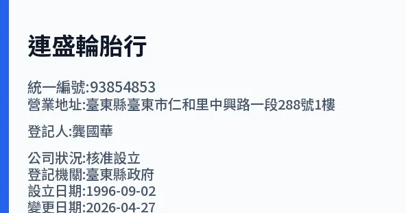 連盛輪胎行的照片-統編 93854853(臺東縣) 公司登記資料與營業項目詳細圖表