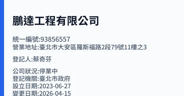 鵬達工程有限公司的照片-統編 93856557(臺北市) 公司登記資料與營業項目詳細圖表