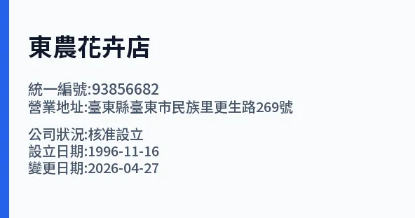 東農花卉店的照片-統編 93856682(臺東縣) 公司登記資料與營業項目詳細圖表