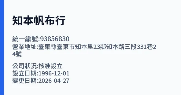 知本帆布行的照片-統編 93856830(臺東縣) 公司登記資料與營業項目詳細圖表