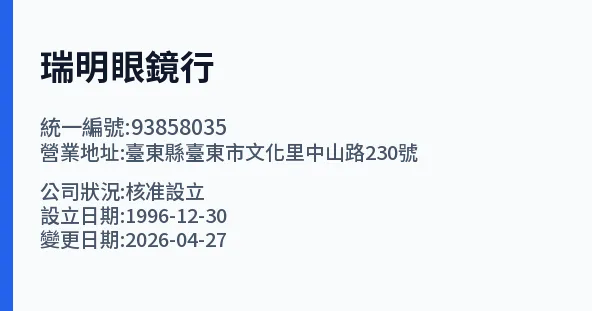 瑞明眼鏡行的照片-統編 93858035(臺東縣) 公司登記資料與營業項目詳細圖表