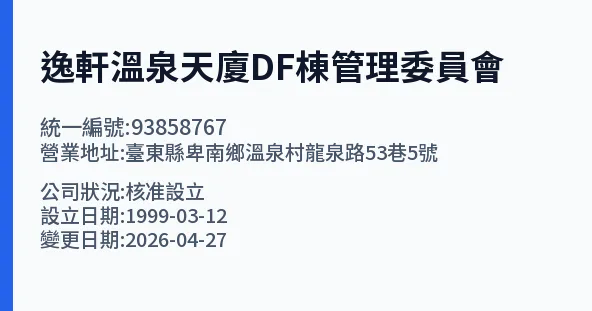 逸軒溫泉天廈DF棟管理委員會的照片-統編 93858767(臺東縣) 公司登記資料與營業項目詳細圖表