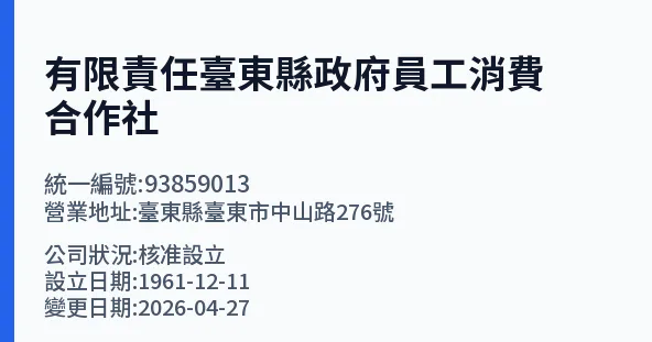 有限責任臺東縣政府員工消費合作社的照片-統編 93859013(臺東縣) 公司登記資料與營業項目詳細圖表