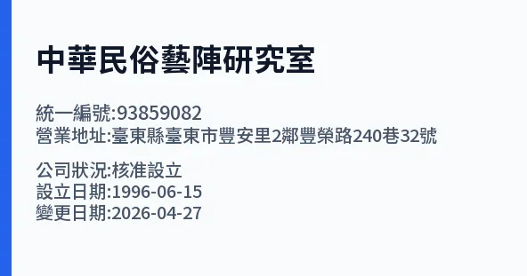 中華民俗藝陣研究室的照片-統編 93859082(臺東縣) 公司登記資料與營業項目詳細圖表