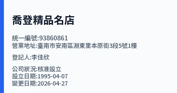 喬登精品名店的照片-統編 93860861(臺南市) 公司登記資料與營業項目詳細圖表