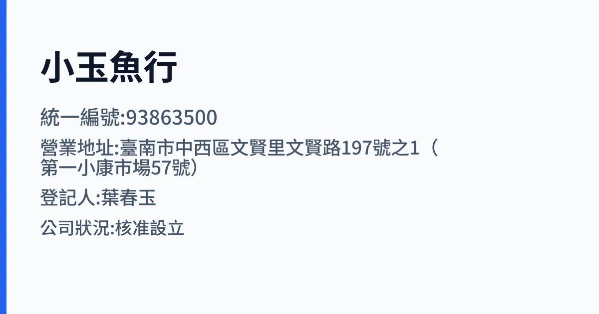 小玉魚行 - 統編 93863500(臺南市) 公司登記資料與營業項目詳細圖表