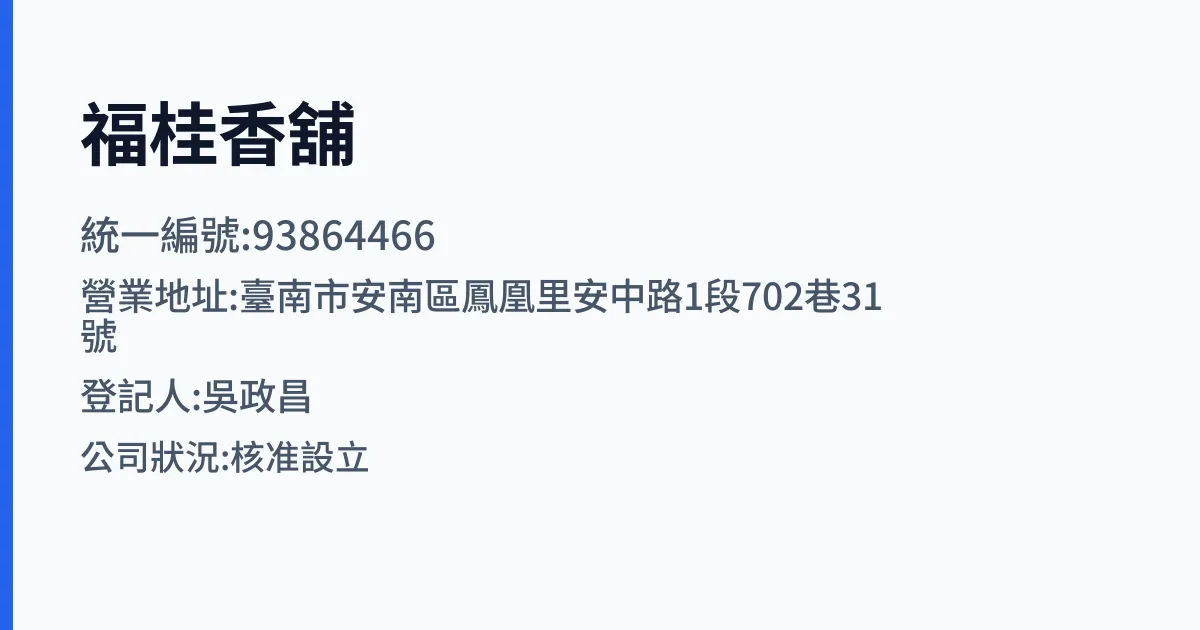 福桂香舖 - 統編 93864466(臺南市) 公司登記資料與營業項目詳細圖表
