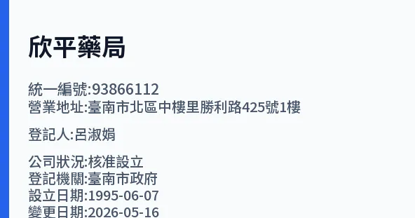 欣平藥局的照片-統編 93866112(臺南市) 公司登記資料與營業項目詳細圖表