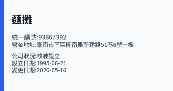 麵攤的照片-統編 93867392(臺南市) 公司登記資料與營業項目詳細圖表