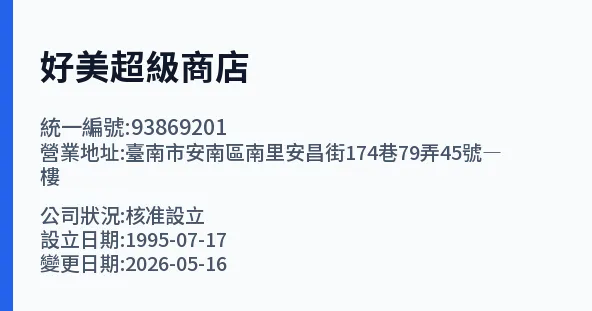 好美超級商店的照片-統編 93869201(臺南市) 公司登記資料與營業項目詳細圖表