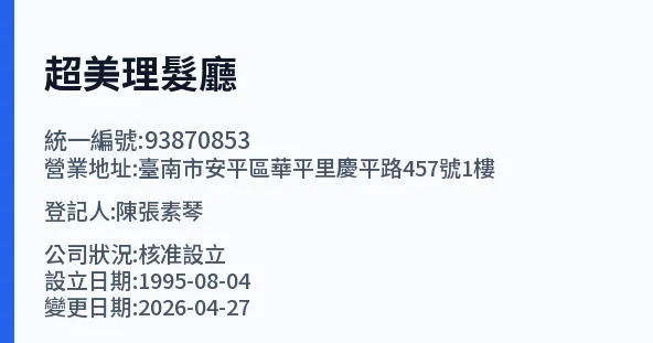 超美理髮廳的照片-統編 93870853(臺南市) 公司登記資料與營業項目詳細圖表