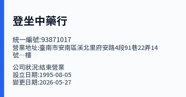 登坐中藥行的照片-統編 93871017(臺南市) 公司登記資料與營業項目詳細圖表