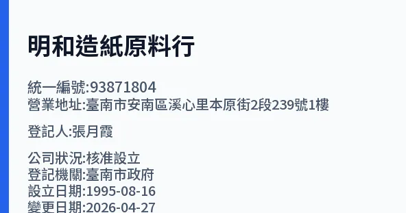 明和造紙原料行的照片-統編 93871804(臺南市) 公司登記資料與營業項目詳細圖表