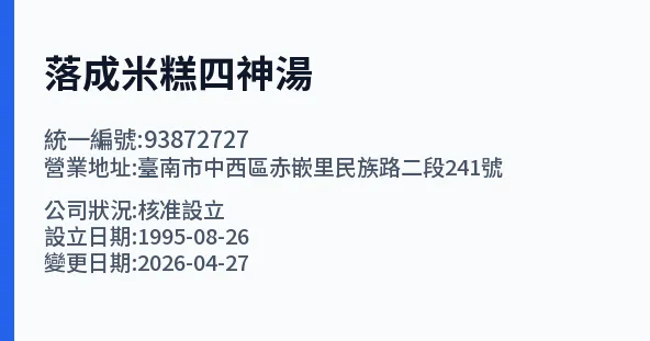 落成米糕四神湯的照片-統編 93872727(臺南市) 公司登記資料與營業項目詳細圖表