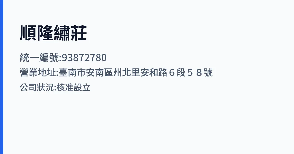 順隆繡莊 - 統編 93872780(臺南市) 公司登記資料與營業項目詳細圖表