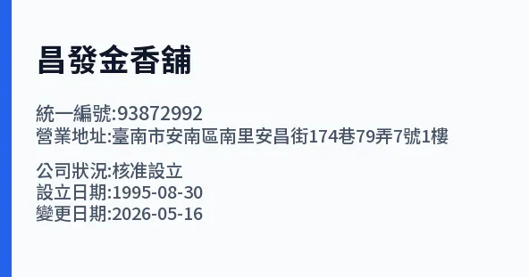 昌發金香舖的照片-統編 93872992(臺南市) 公司登記資料與營業項目詳細圖表