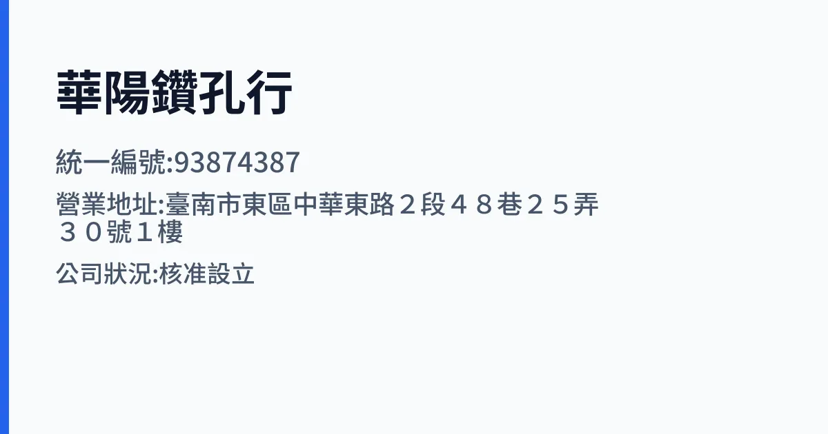華陽鑽孔行 - 統編 93874387（臺南市） 公司登記資料與營業項目詳細圖表